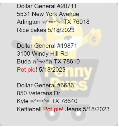 Dollar General "previous" remodel lists for Texas